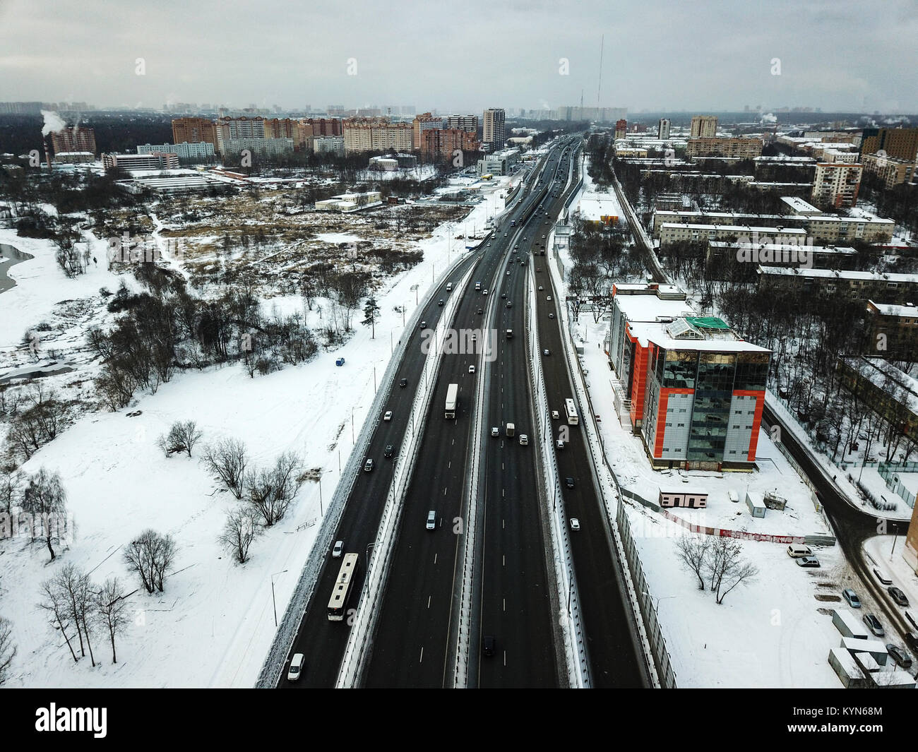 Aerial view of winter snowy road in Moscow, Russia Stock Photo - Alamy