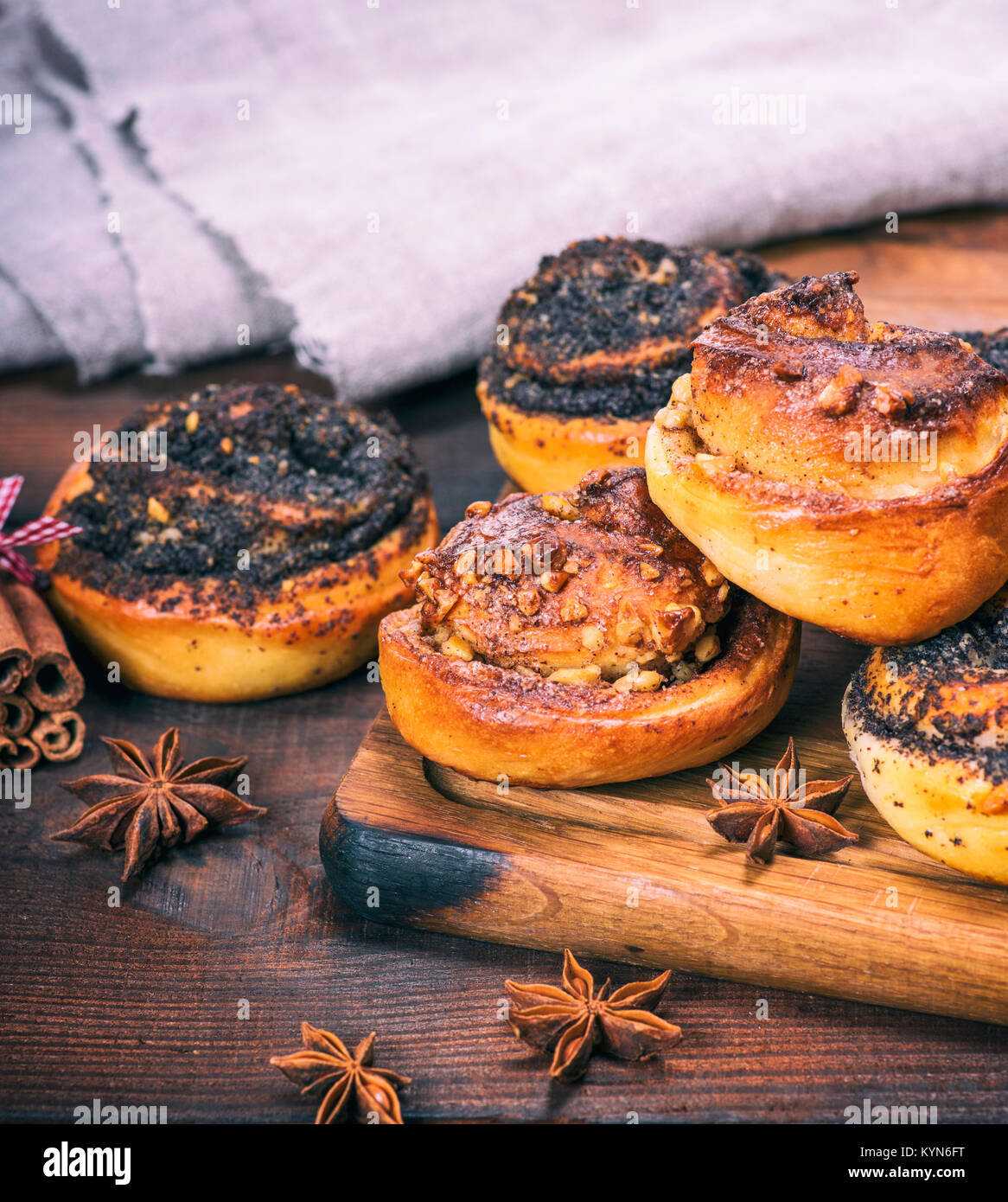 round homemade buns with poppy seeds and nuts, vintage toning Stock ...