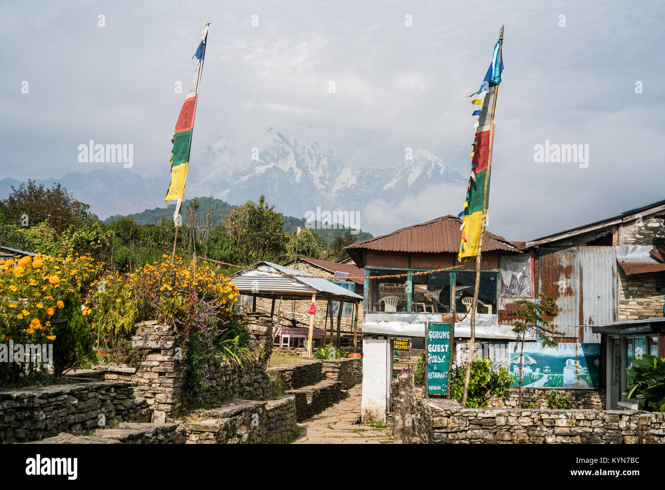 street of the village Pothana, Nepal, Asia. Annapurna base camp trek ...