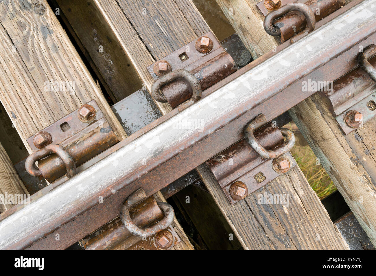 Close-up view of a rusty railroad track Stock Photo - Alamy