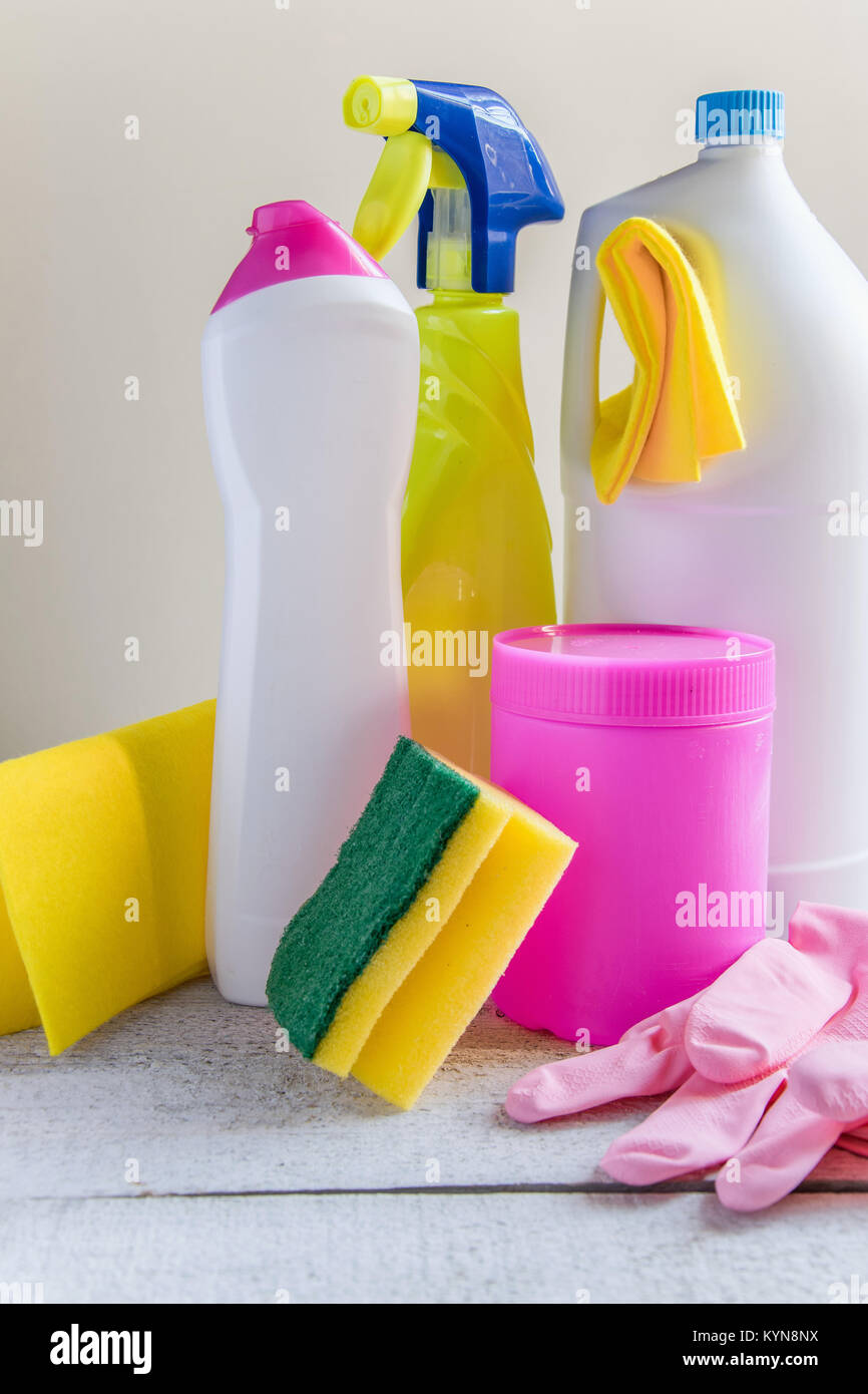 Set of household cleaning products. Spring cleaning concept Stock Photo ...
