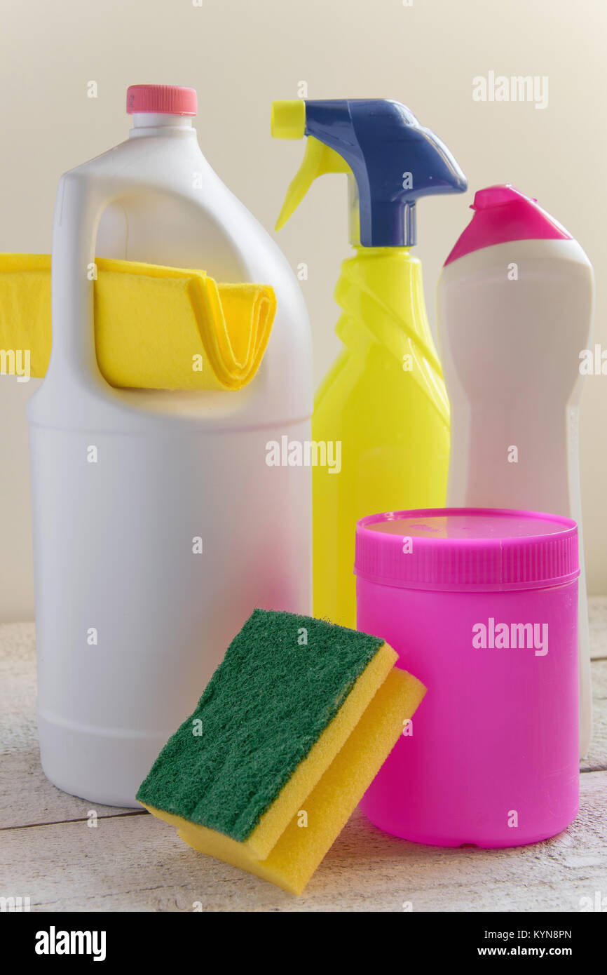 Set of household cleaning products. Spring cleaning concept Stock Photo ...