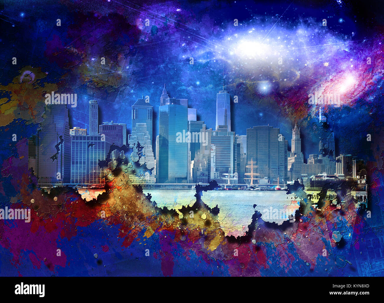 Abstract colorful composition. New York cityscape. Bright galaxies in ...