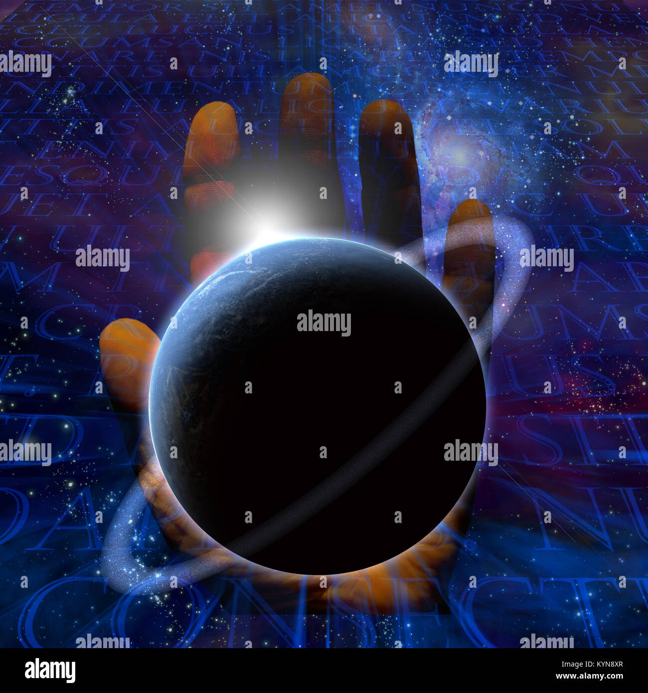 Creations hand. Latin text Stock Photo - Alamy