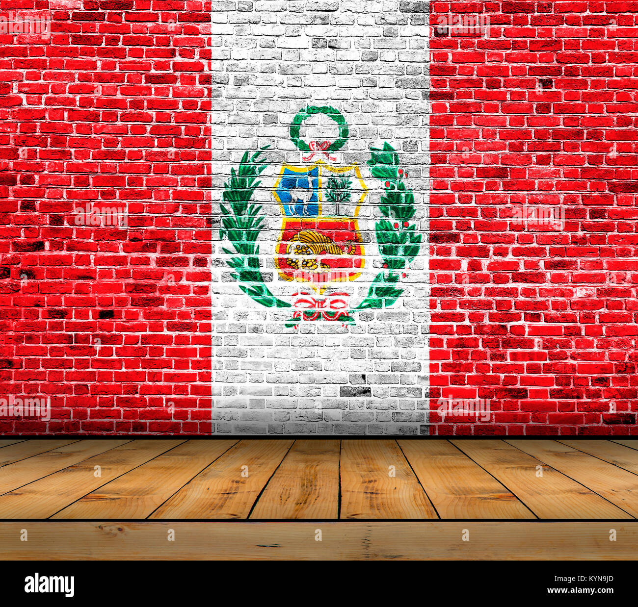 Peru flag painted on brick wall with wooden floor Stock Photo - Alamy
