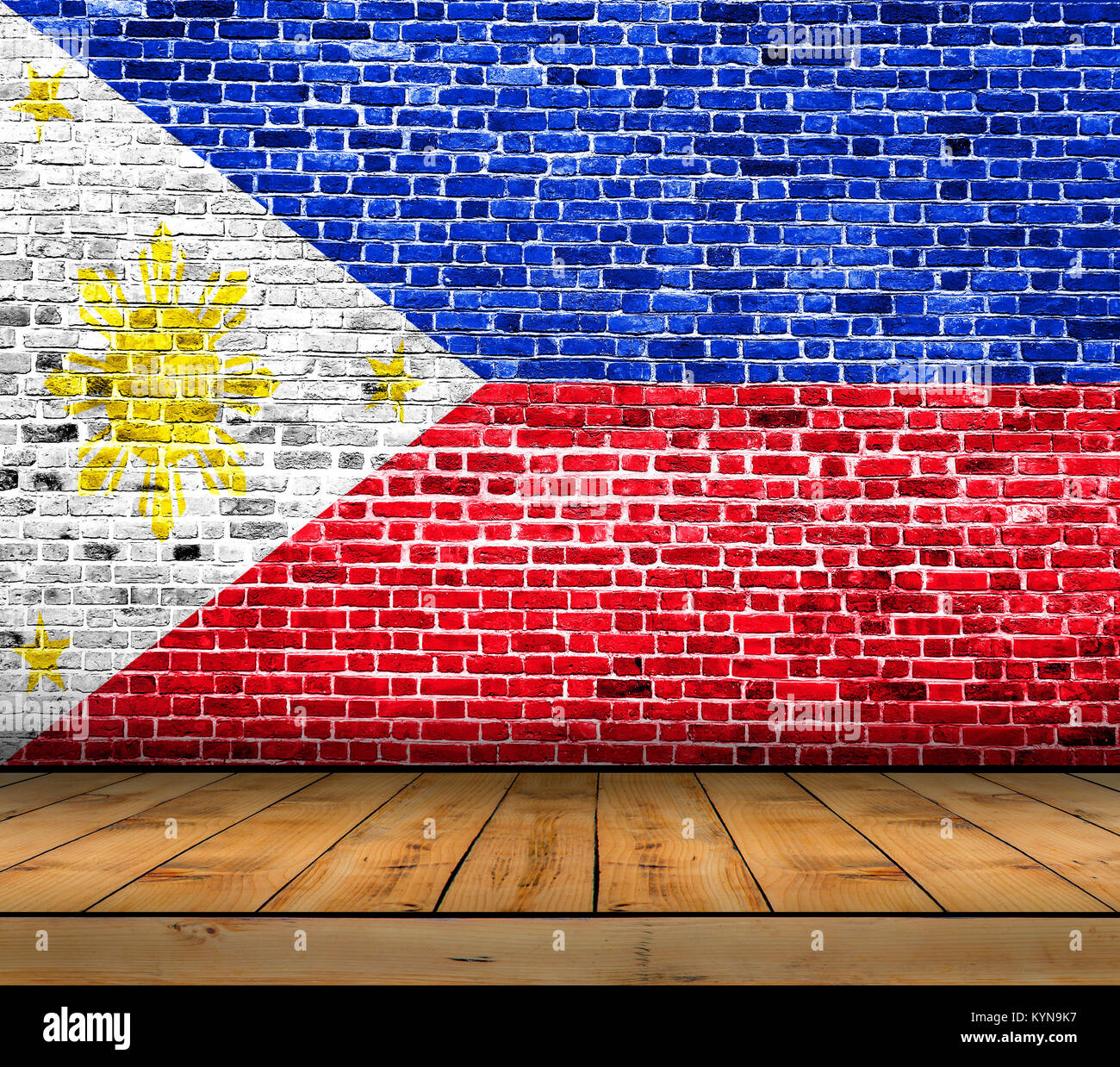 Philippines flag painted on brick wall with wooden floor Stock Photo ...