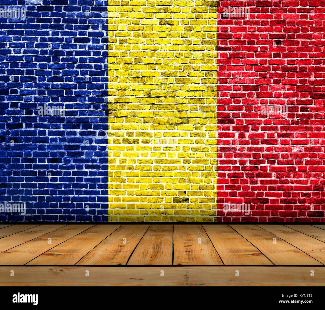 Romania flag painted on brick wall with wooden floor Stock Photo - Alamy