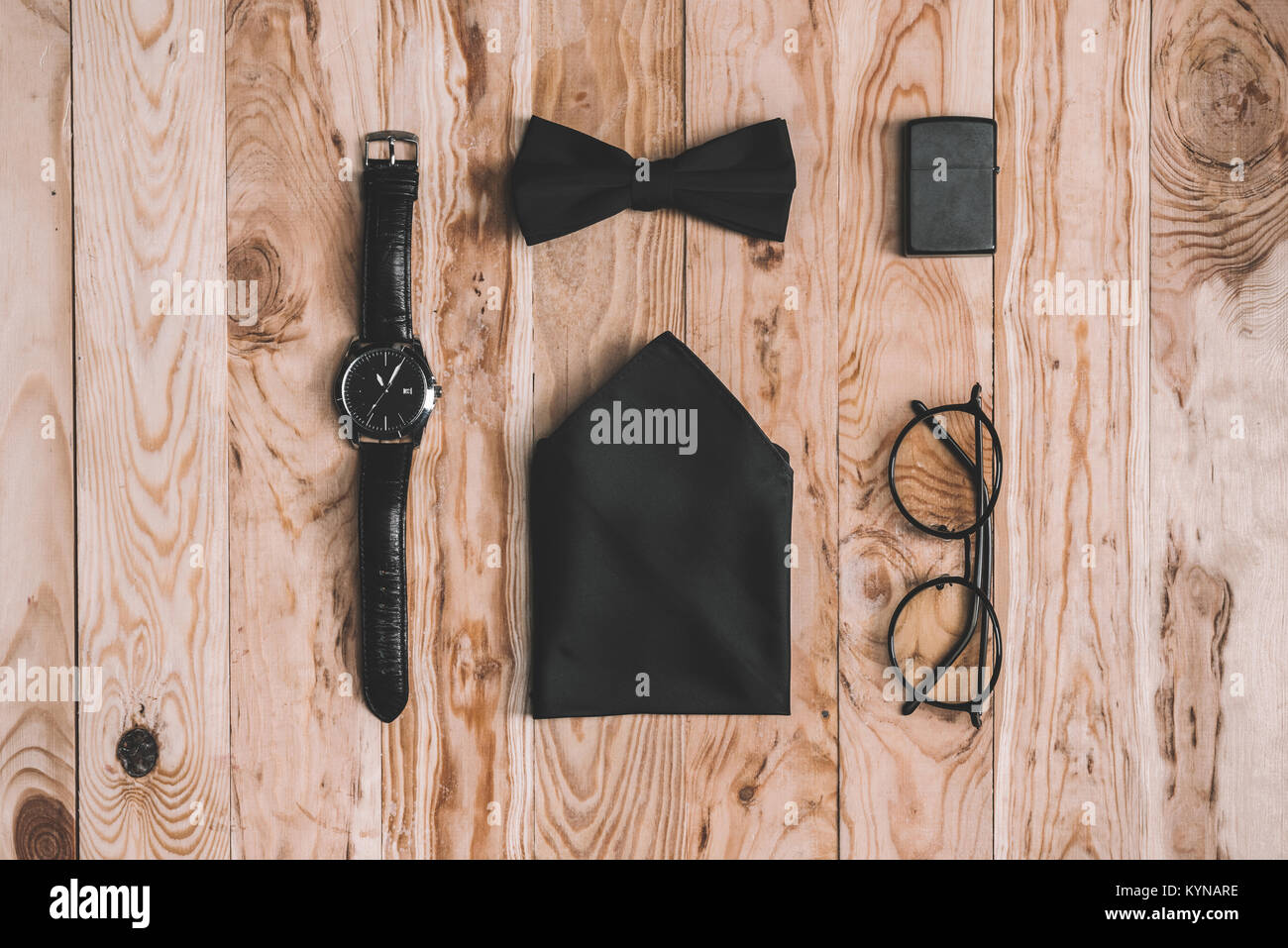 top view of stylish accessories collection on wooden tabletop Stock ...