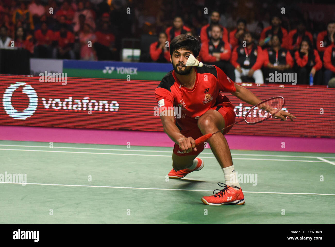 Sai Praneeth of Hyderabad Hunters in action against Bengaluru Blasters ...