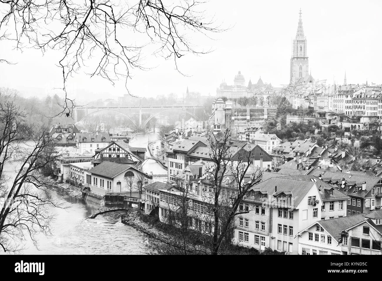 The Aare River wraps around the Old City of Bern, Switzerland. Black ...
