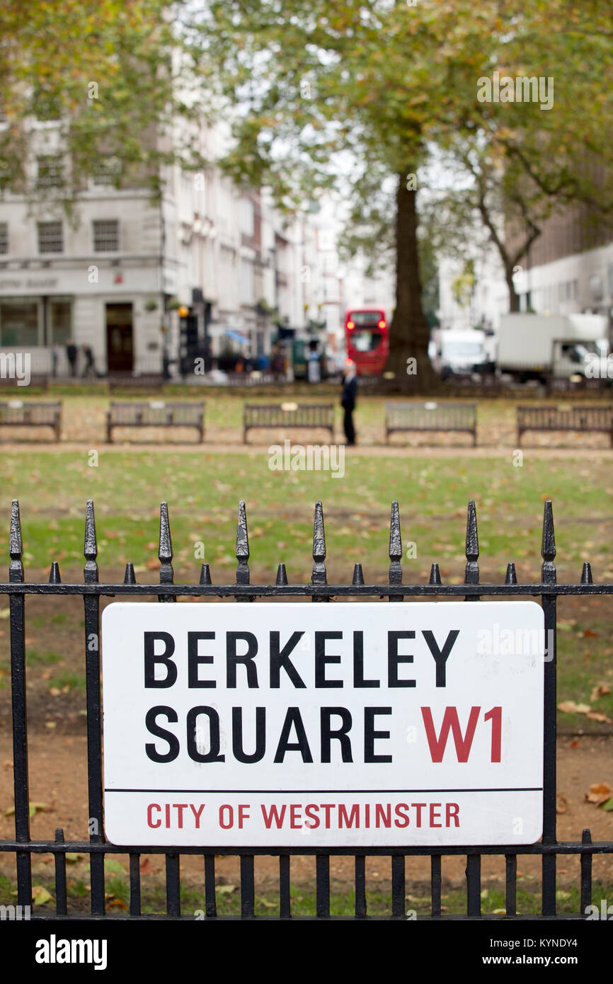 Berkeley Square sign on railings with square behind Stock Photo - Alamy
