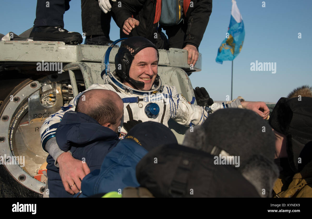 After 139 days in space, cosmonaut Sergey Ryazanskiy, NASA astronaut Randy Bresnik, and ESA ...