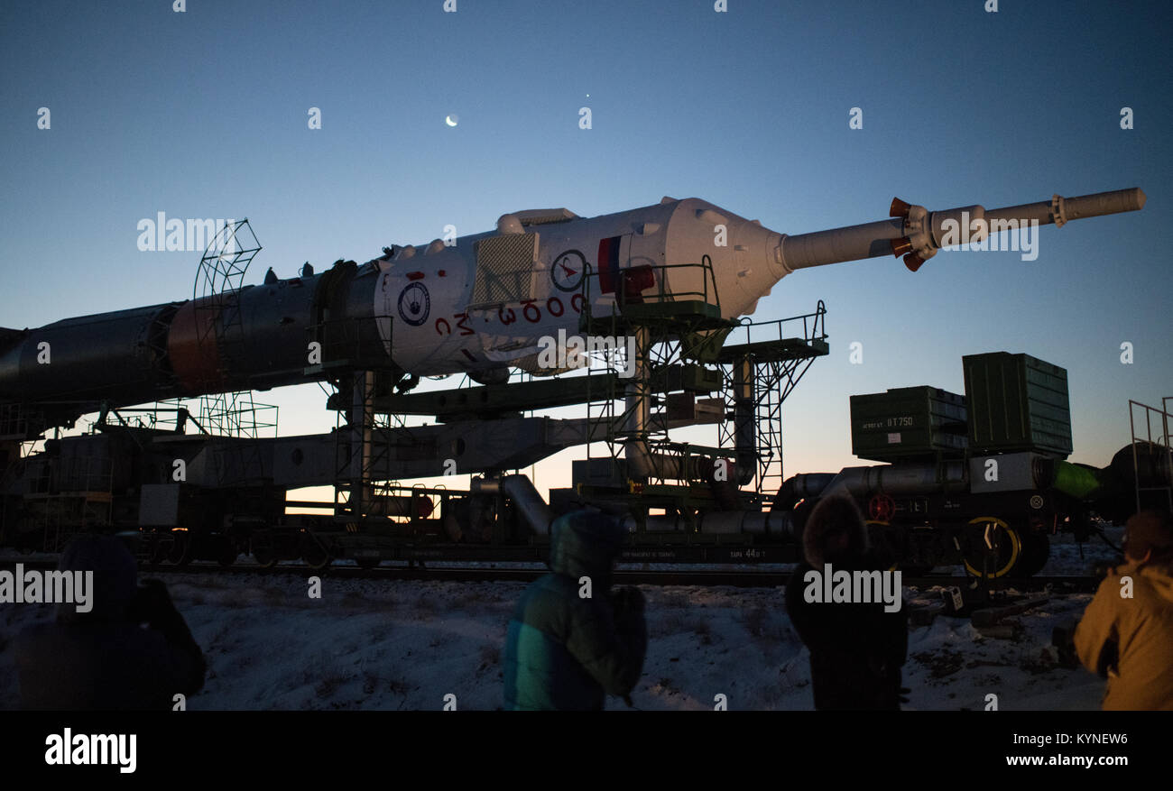 The Soyuz rocket is rolled out by train to the launch pad at Baikonur ...