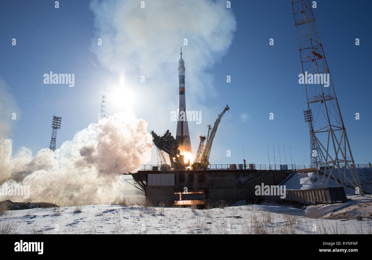 The Soyuz MS-07 rocket launched from Baikonur Cosmodrome, carrying Expedition 54 crew members ...