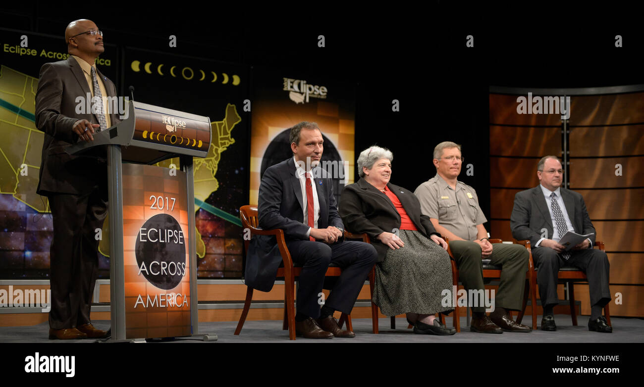 NASA Senior Public Affairs Officer Dwayne Brown, left, moderates a a ...