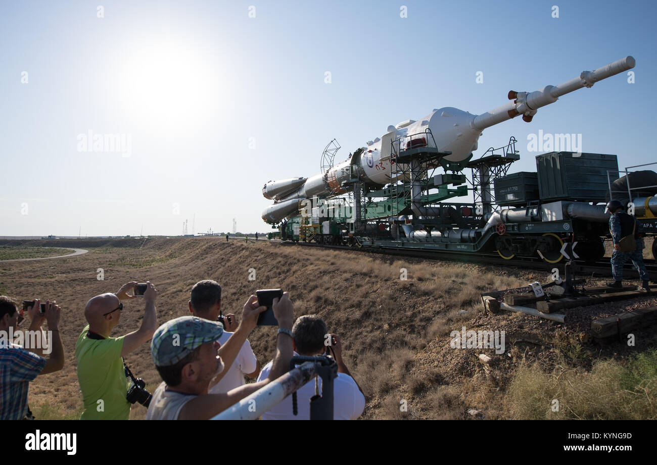 The Soyuz MS-05 spacecraft was transported by train to the Baikonur ...