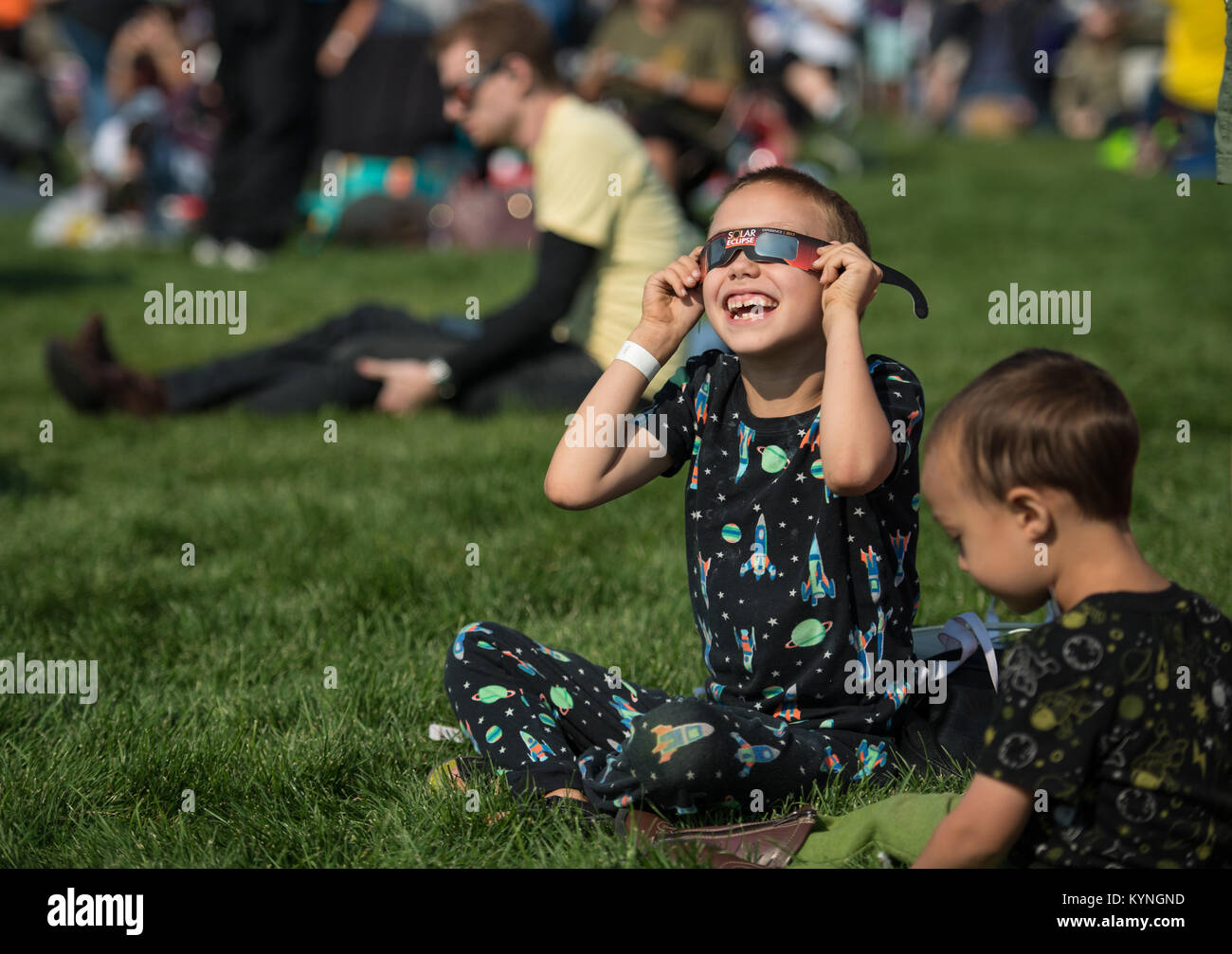 A boy watches the total solar eclipse in Madras, Oregon, on August 21 ...