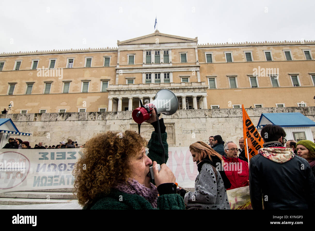 Athens, Greece. 15th Jan, 2018. A woman shouts slogans outside the ...