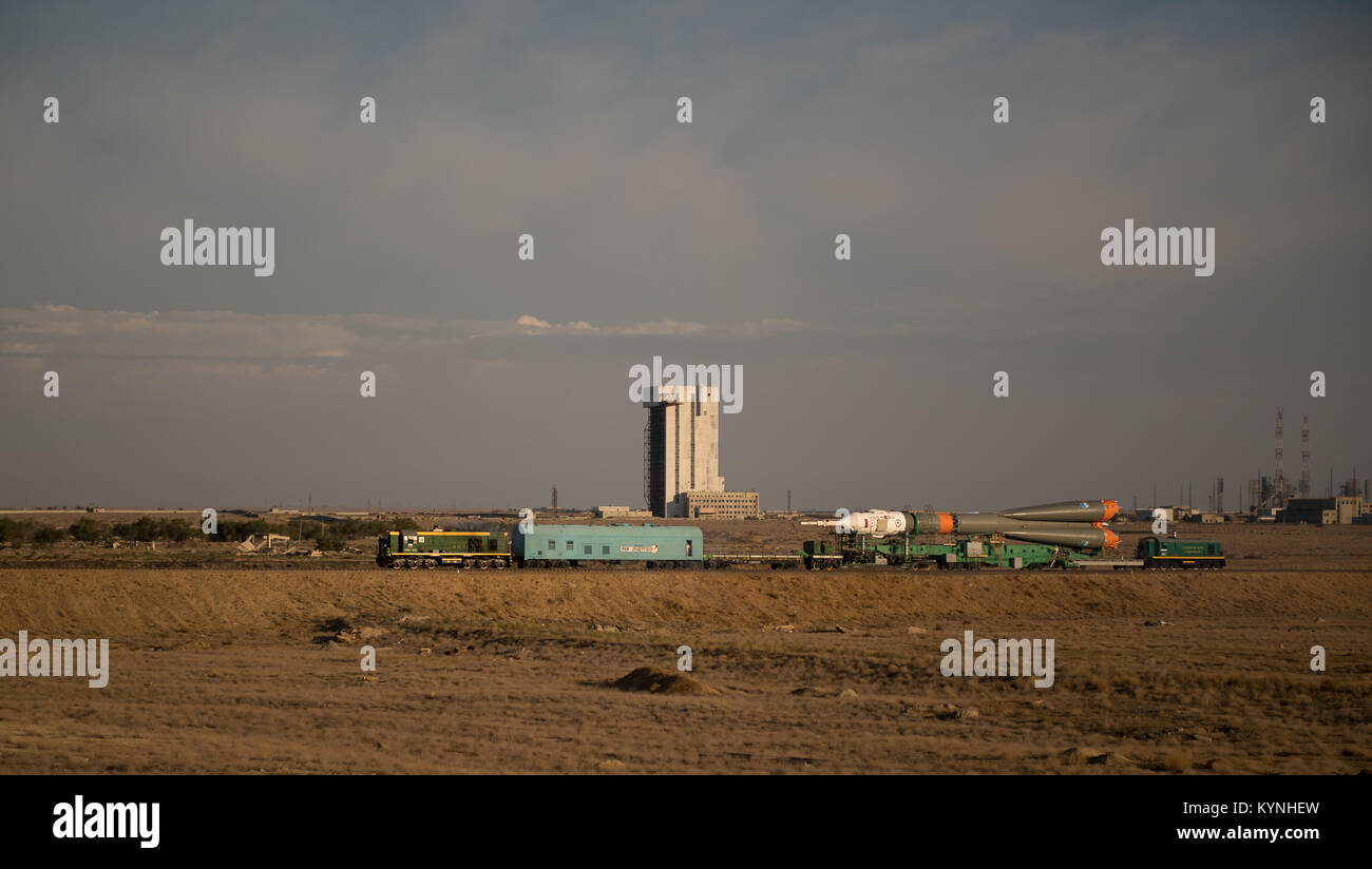 The Soyuz rocket is transported by train to its launch pad at the ...
