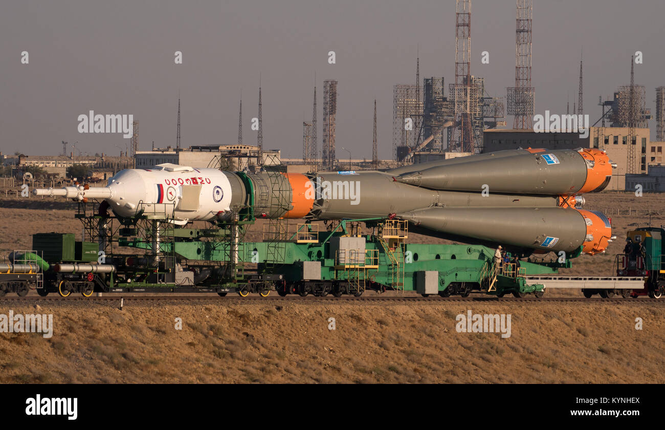 The Soyuz rocket is transported by train to the launch pad at the ...