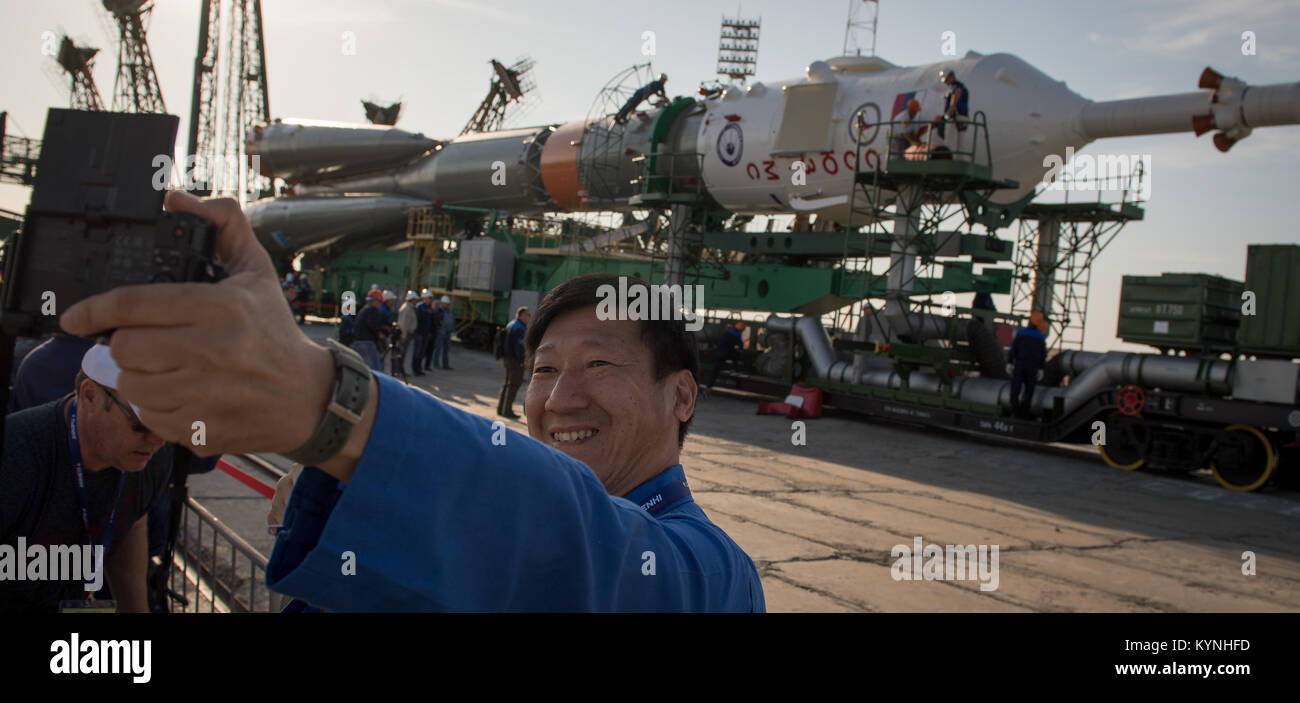 The Soyuz rocket is transported by train to Baikonur Cosmodrome in ...