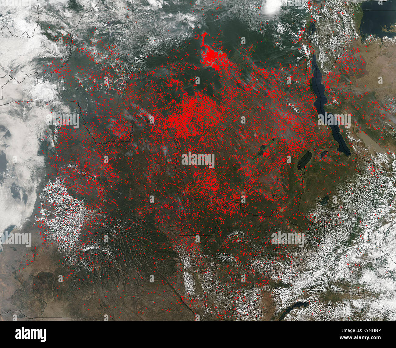 A satellite image shows extensive fires covering Central Africa. The ...