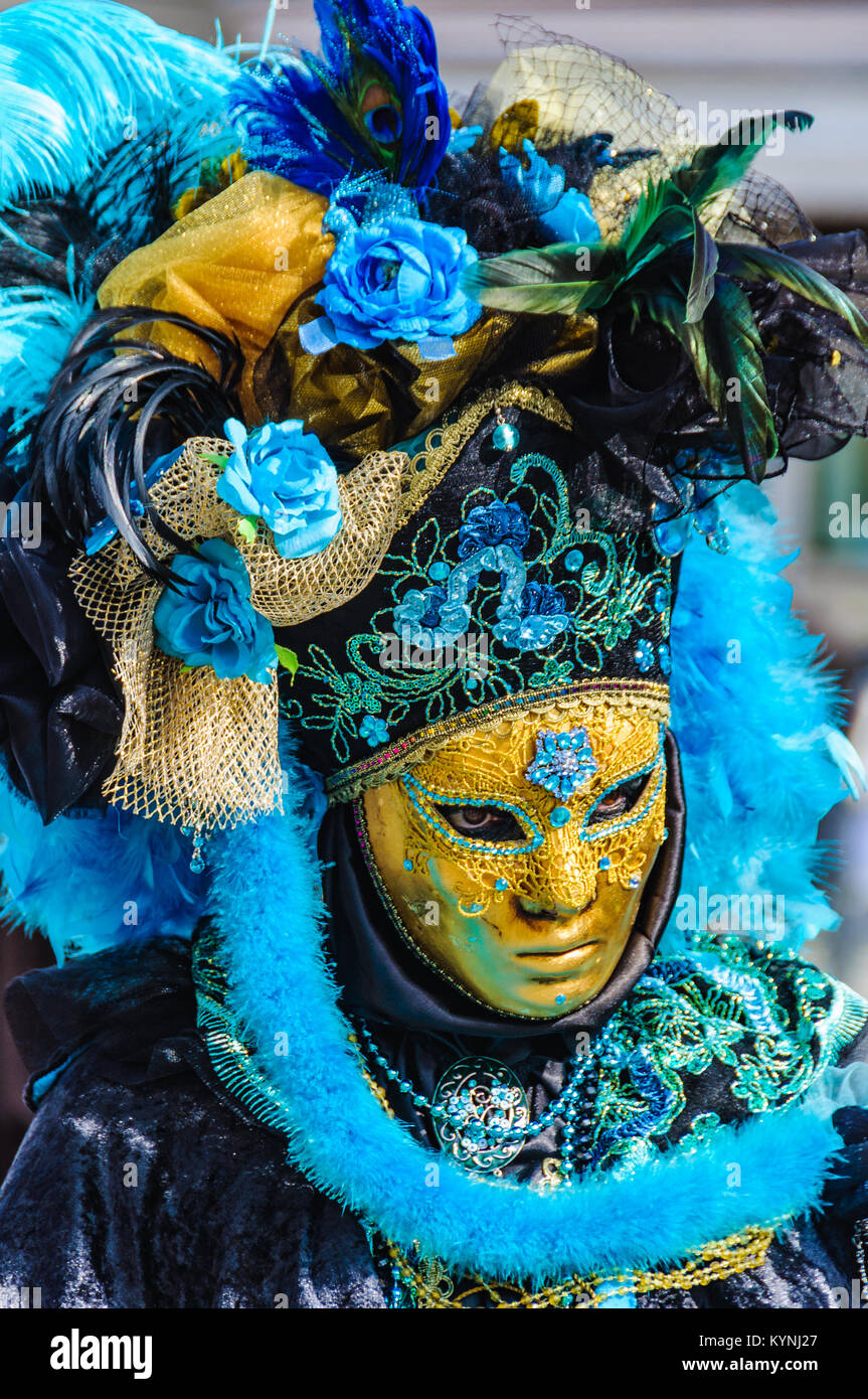Men wearing blue and gold colored costume during the Carnival in Venica ...
