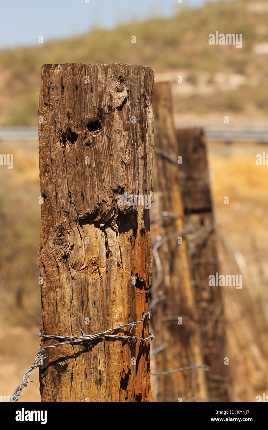 Wooden posts with barbed wire Stock Photo - Alamy