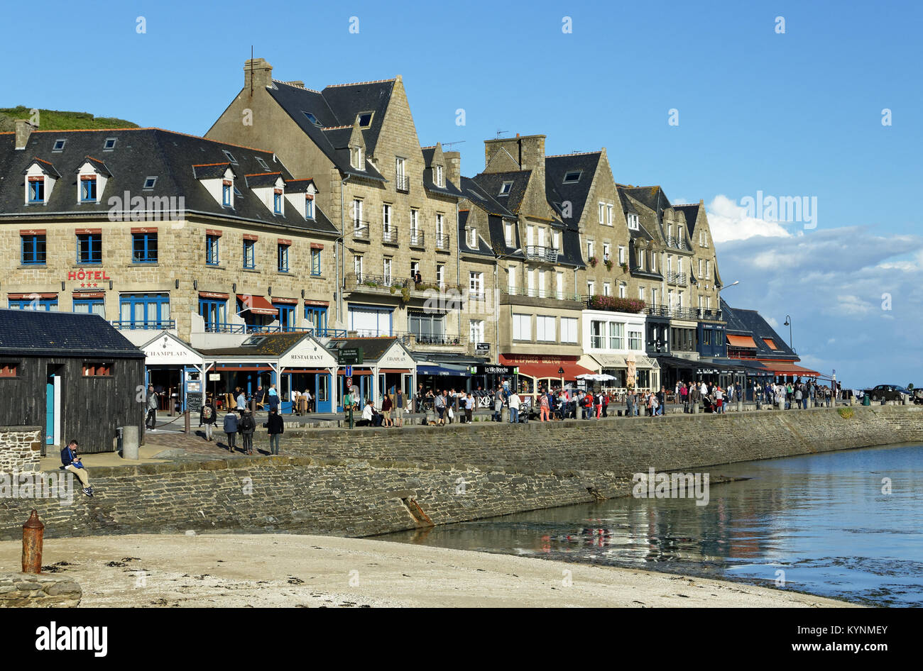 Street with restaurants, La Houle in Cancale Brittany, France Stock ...