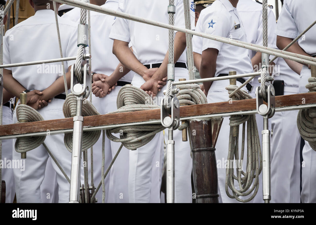 Crew on Colombian navy training ship, ARC Gloria, official flagship of ...