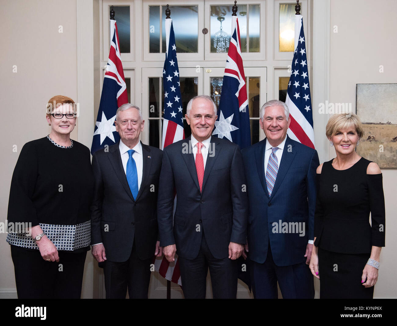Secretaries of State Rex Tillerson and Defense James Mattis pose for a ...