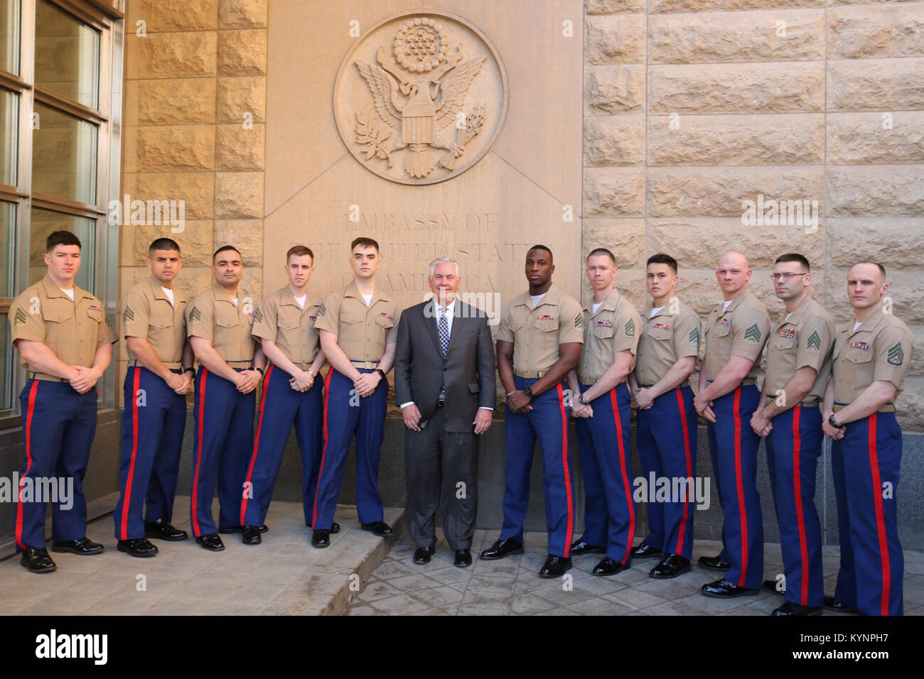 Secretary Rex Tillerson poses for a photo with the U.S. Marine Security Guards, emphasizing the ...