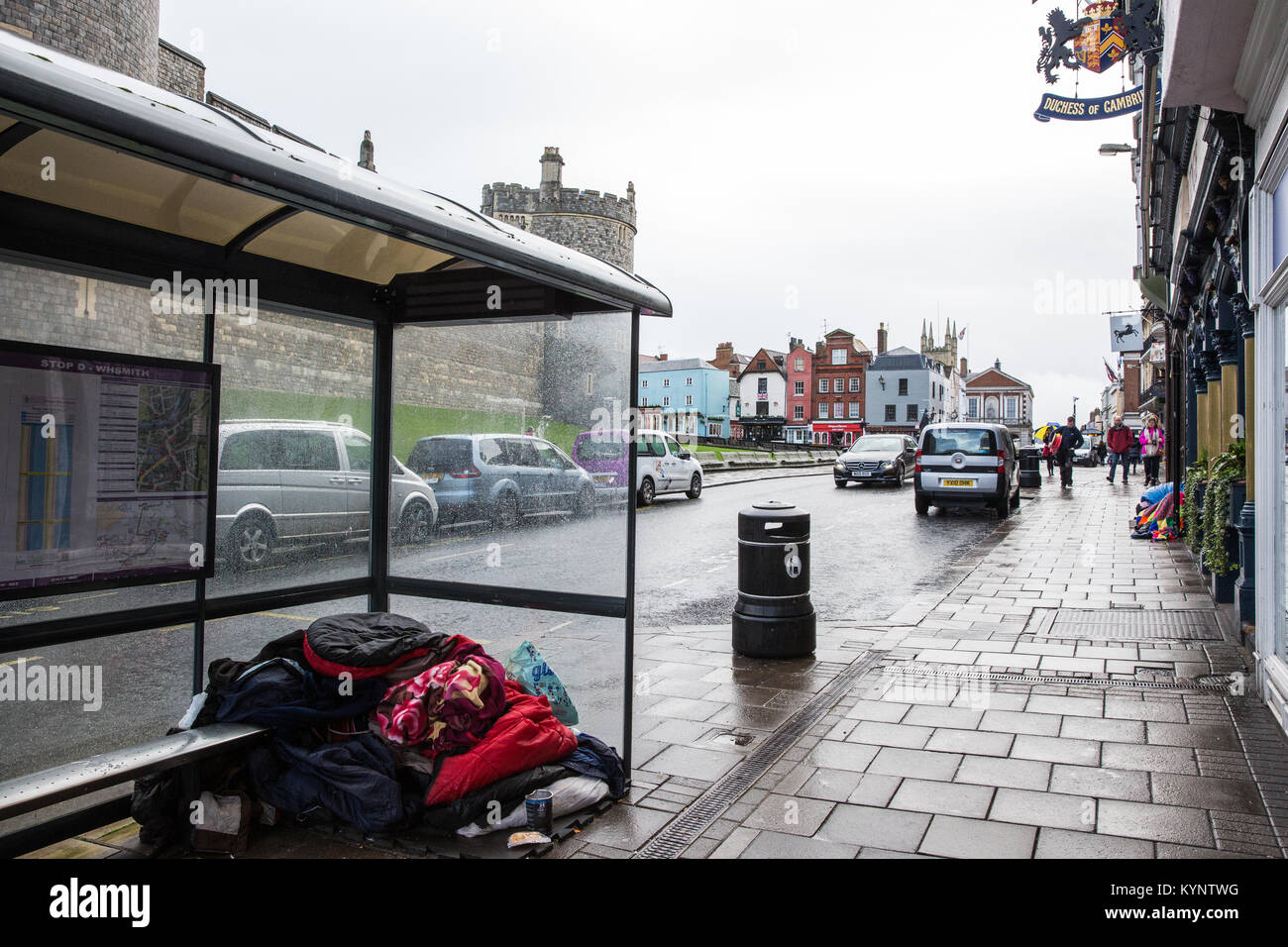 Windsor, UK. 15th Jan, 2018. Homeless people sleep under a bus shelter ...