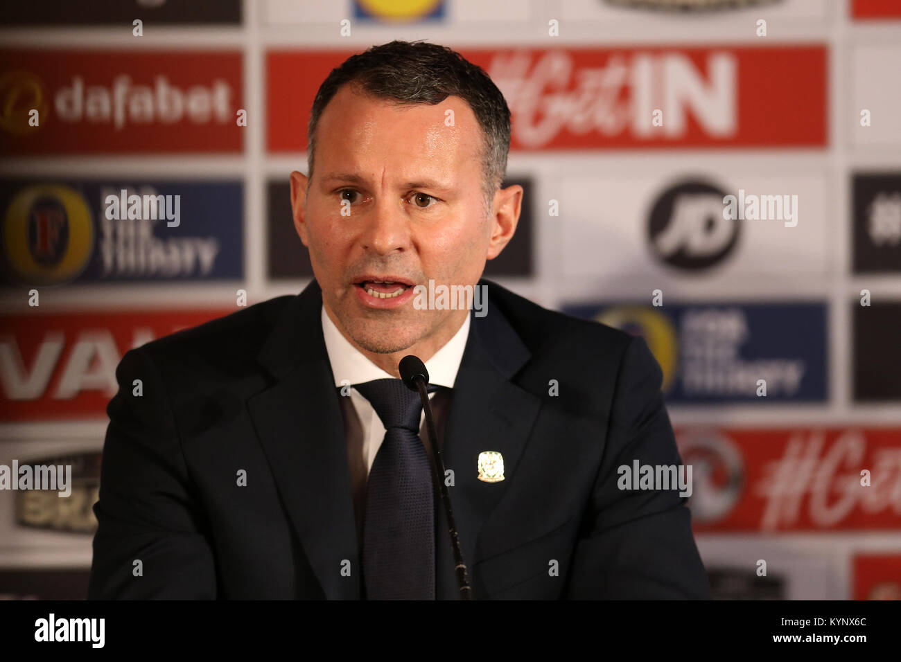 Cardiff, UK. 15th Jan, 2018. Ryan Giggs is pictured speaking to the ...