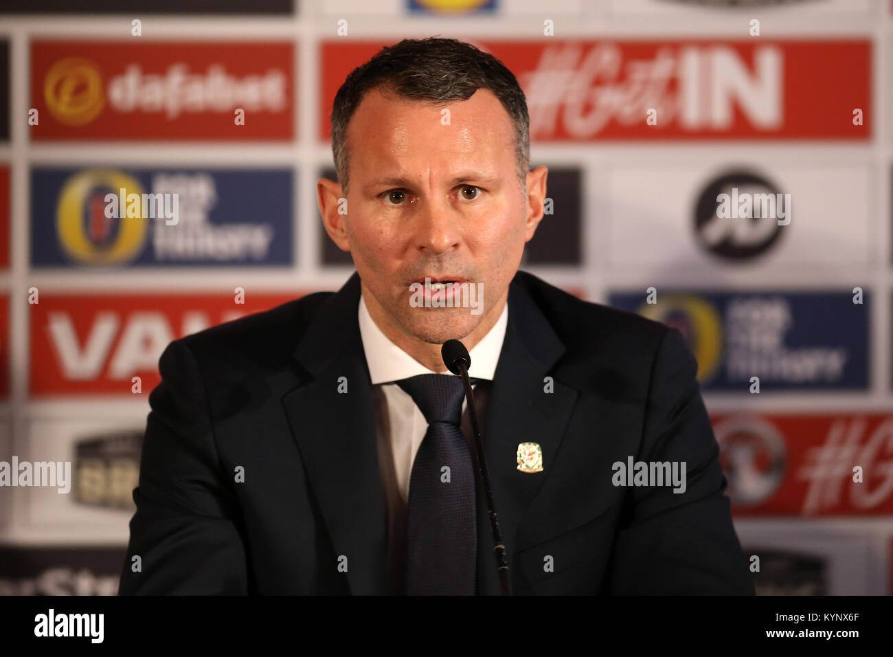 Cardiff, UK. 15th Jan, 2018. Ryan Giggs is pictured speaking to the ...