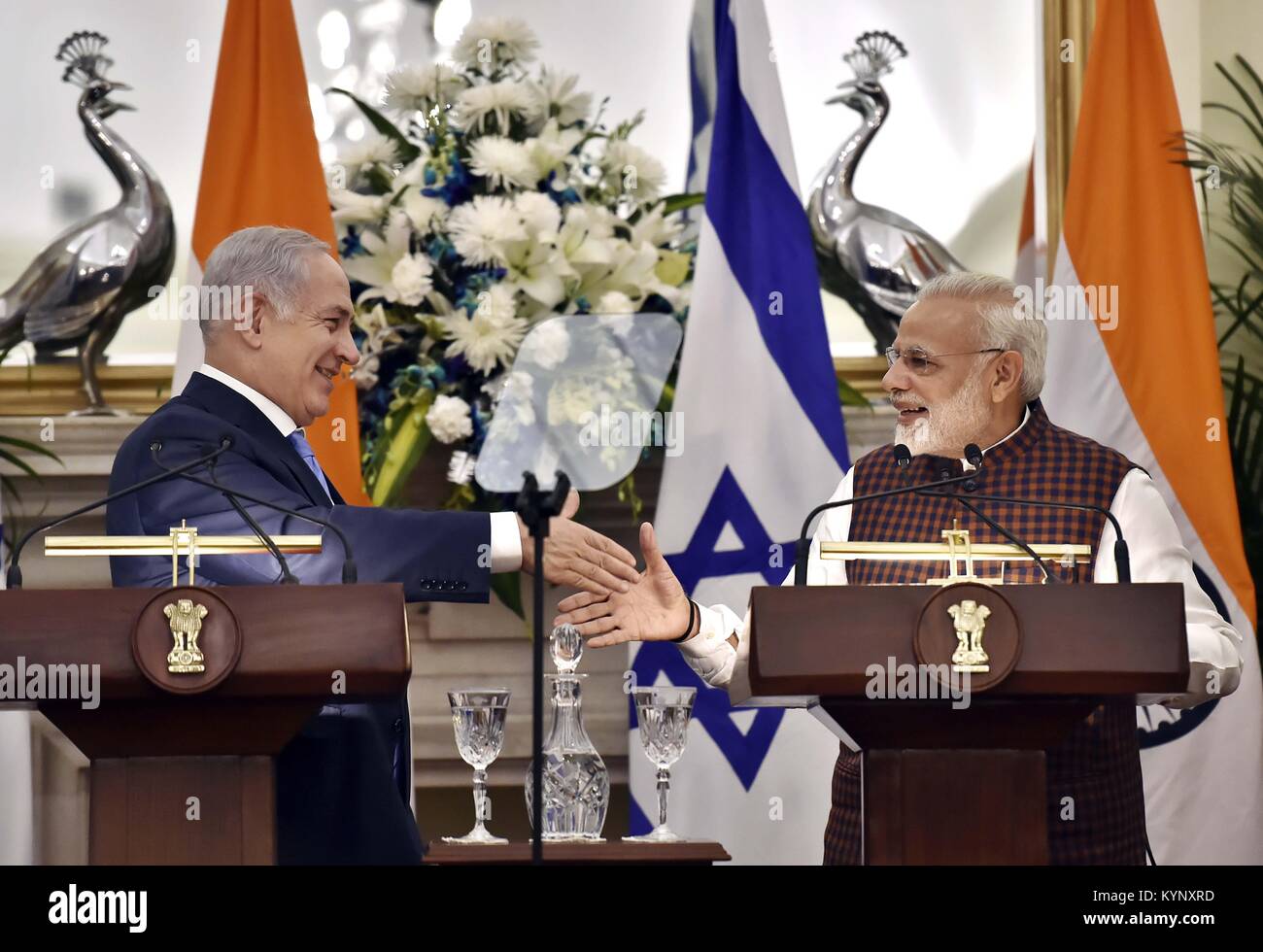 NEW DELHI, INDIA - JANUARY 15: Indian Prime Minister Narendra Modi and Israeli Prime Minister ...