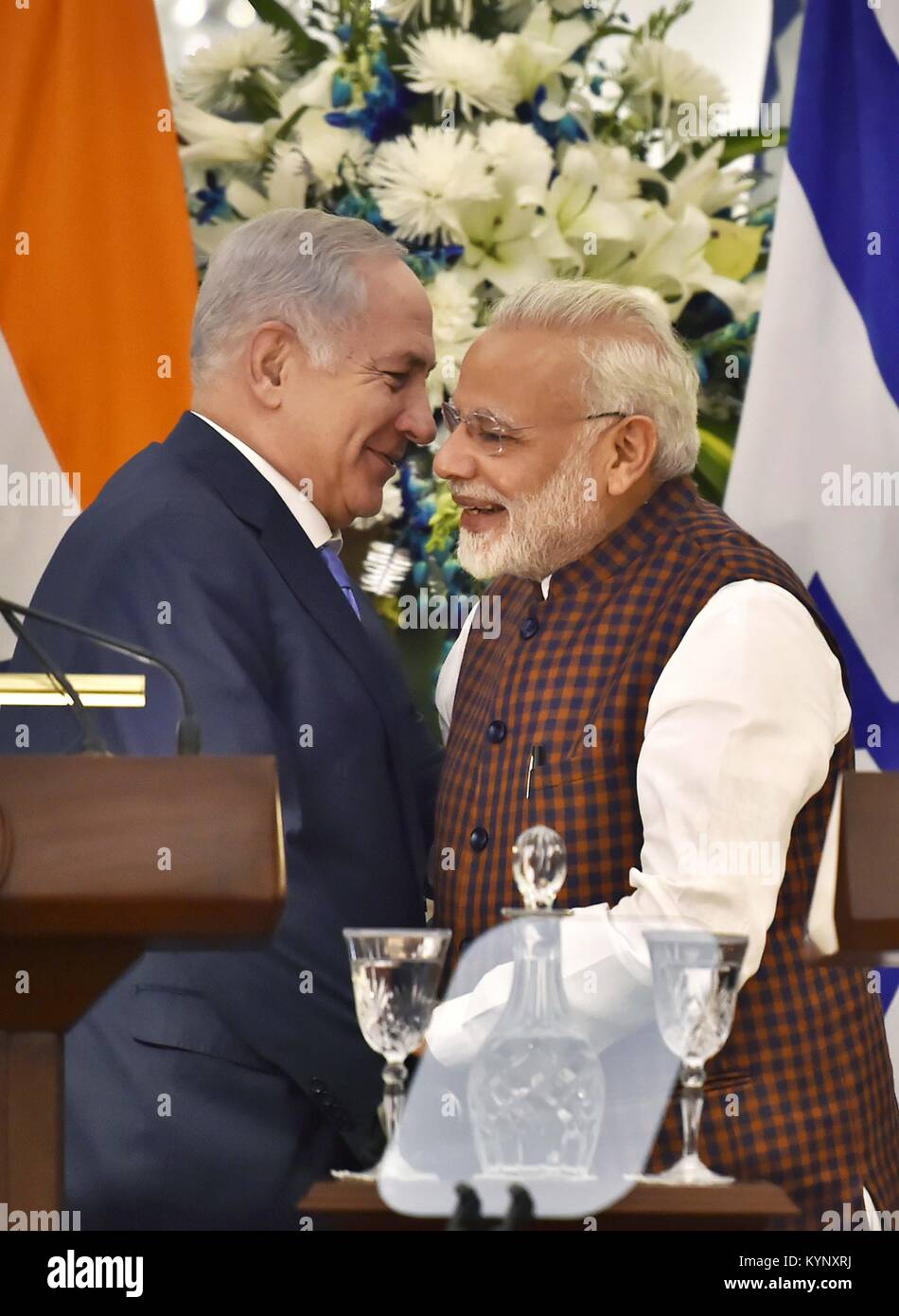 NEW DELHI, INDIA - JANUARY 15: Indian Prime Minister Narendra Modi and Israeli Prime Minister ...