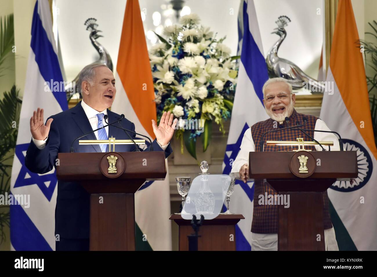 NEW DELHI, INDIA - JANUARY 15: Indian Prime Minister Narendra Modi and Israeli Prime Minister ...