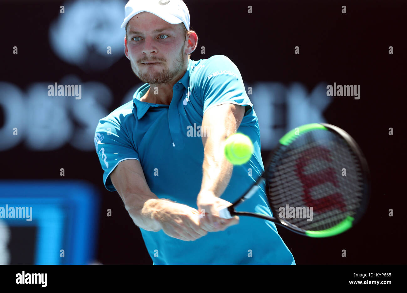 Melbourne, Australia. 16th Jan, 2018. David Goffin of Belgium returns ...