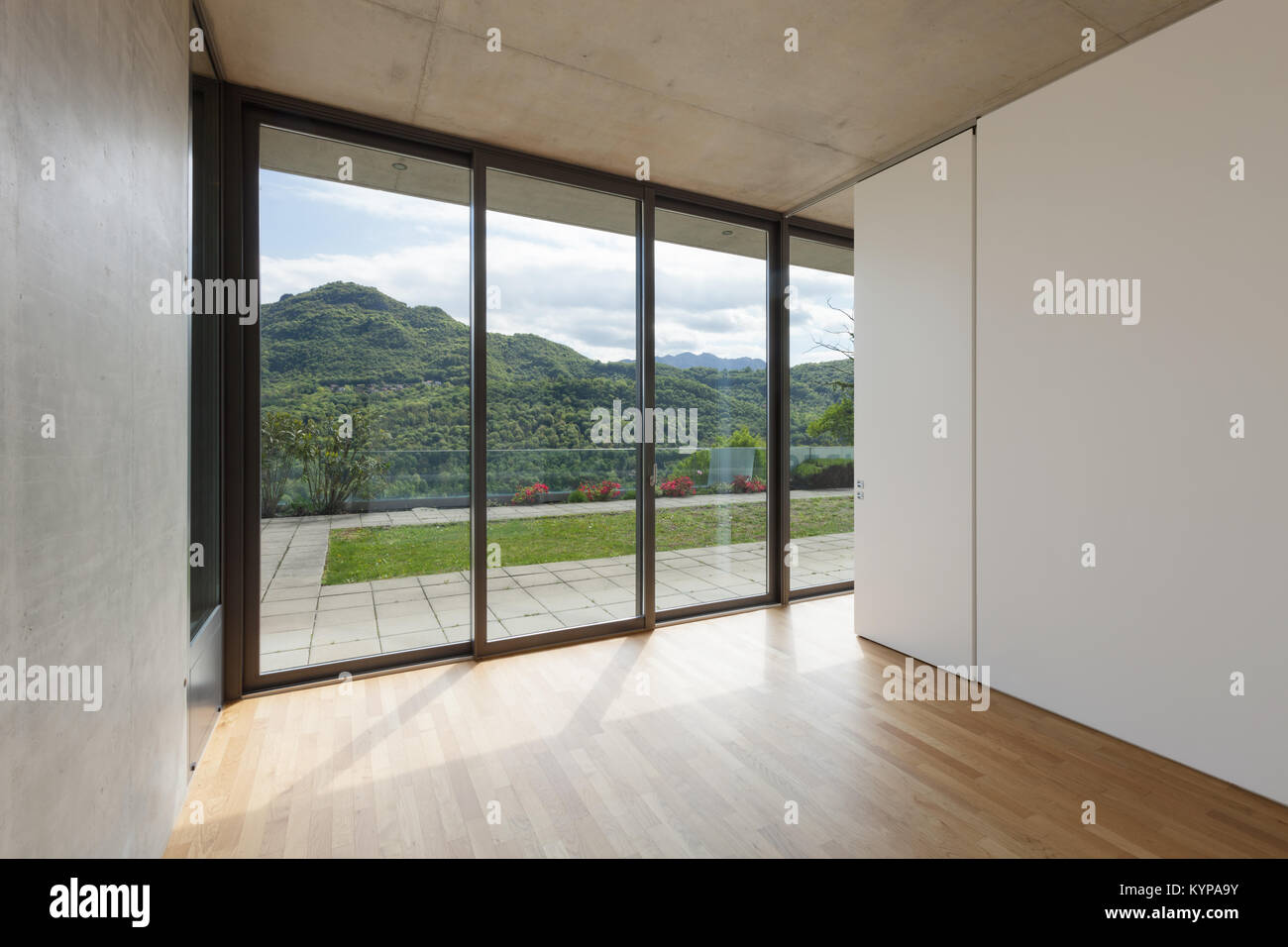 Architecture, room of modern building, windows overlooking the garden ...