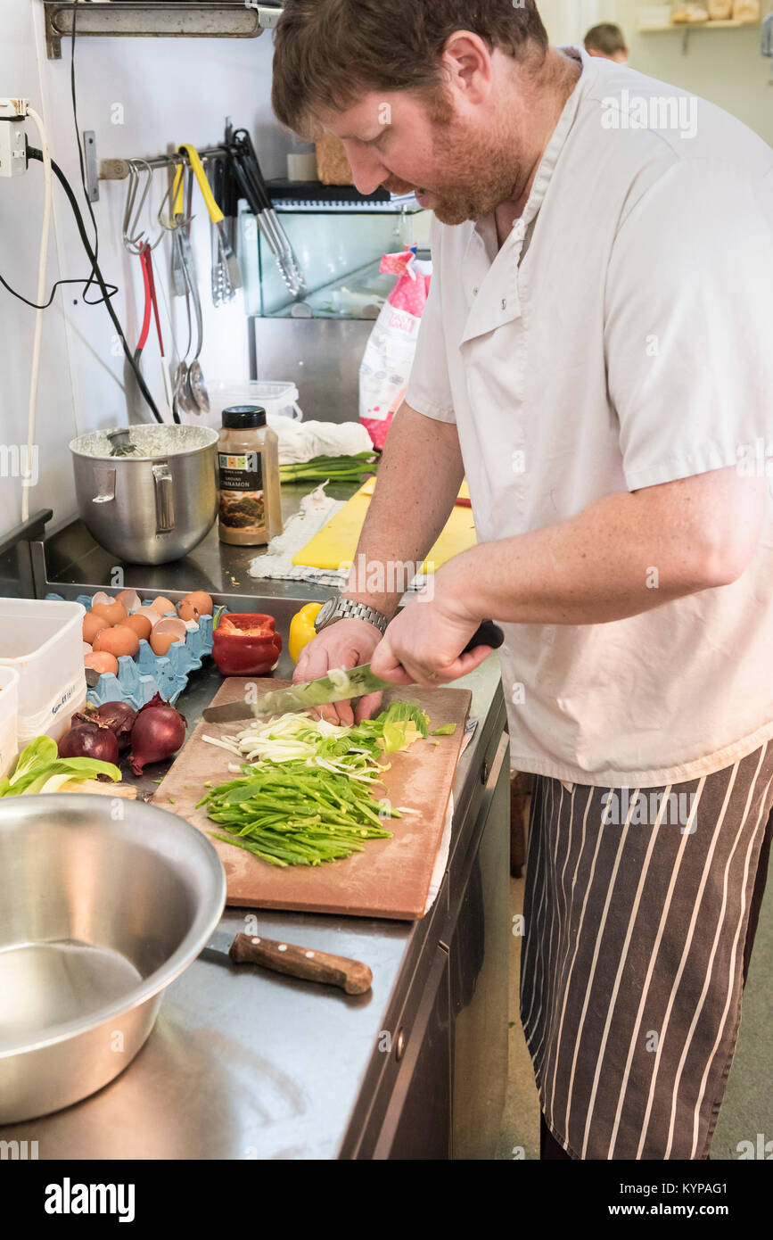 Food preparation - a chef preparing food in a restaurant kitchen Stock ...