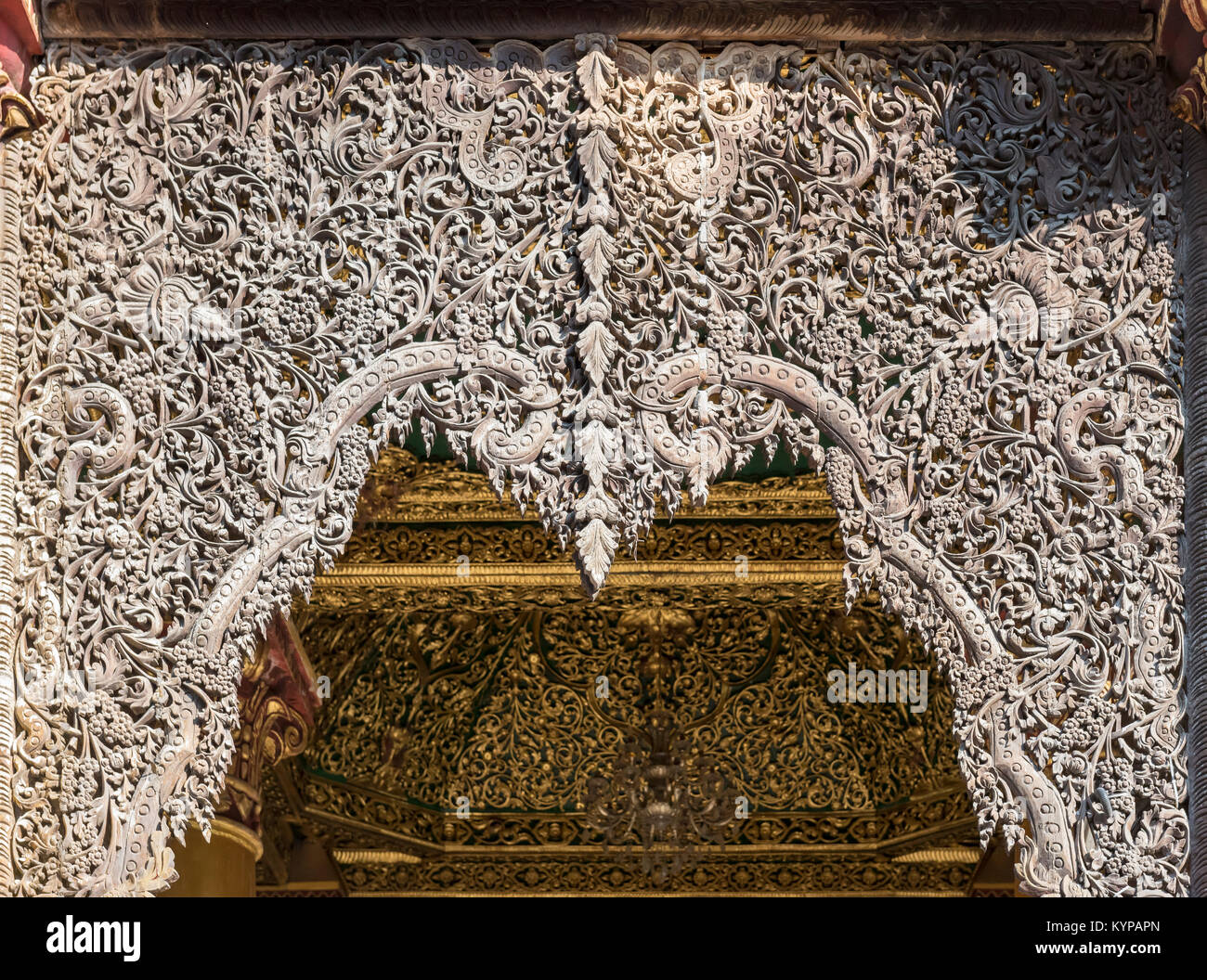 Ornate wooden decoration, Shwedagon Pagoda, Yangon, Myanmar (Burma ...