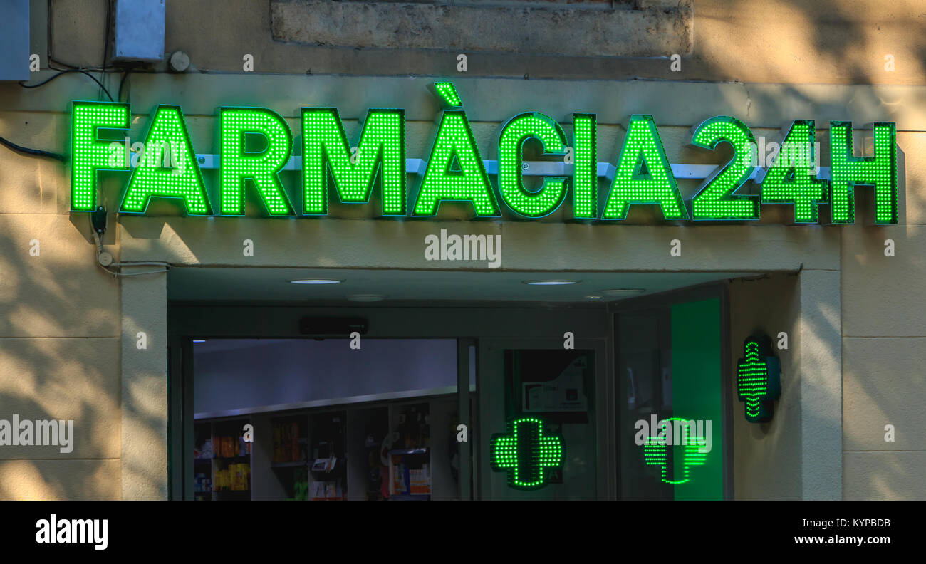 BARCELONA, SPAIN - June 20, 2017 : sign of a small Spanish pharmacy in ...