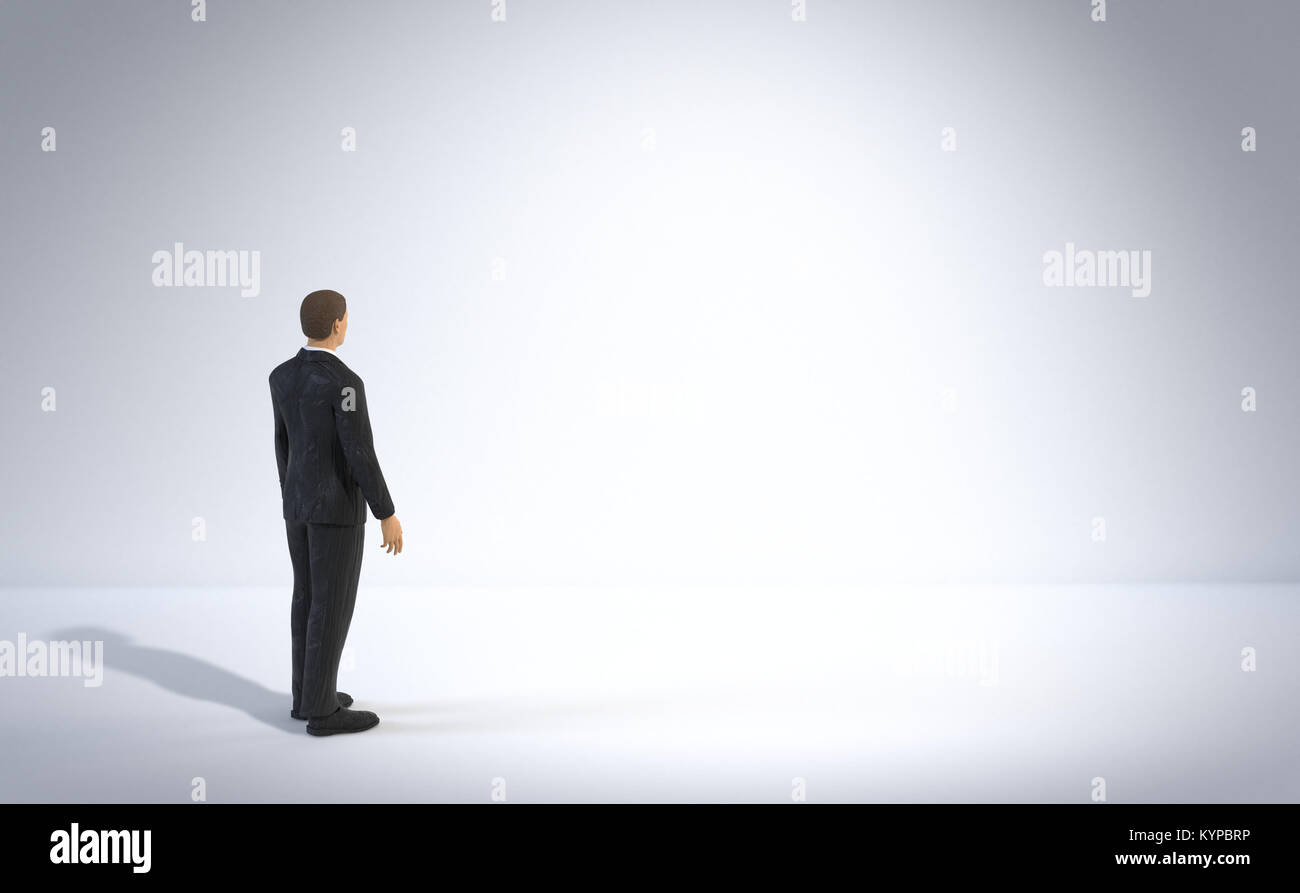 toy miniature businessman figure standing and looking at an empty white ...