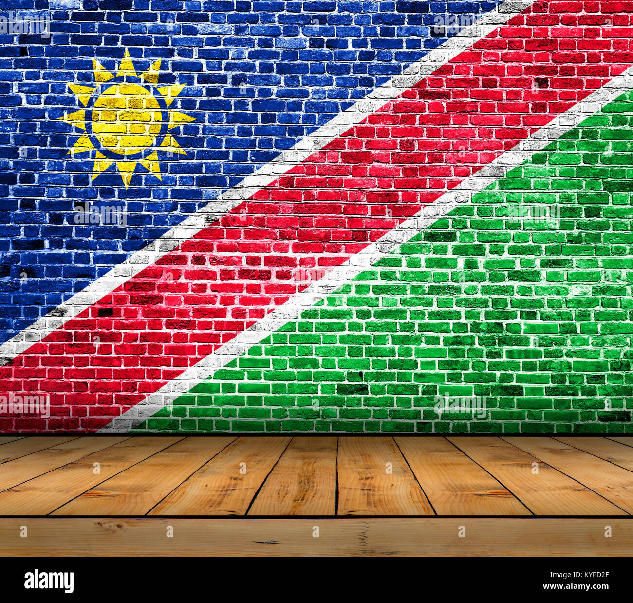 Namibia flag painted on brick wall with wooden floor Stock Photo - Alamy