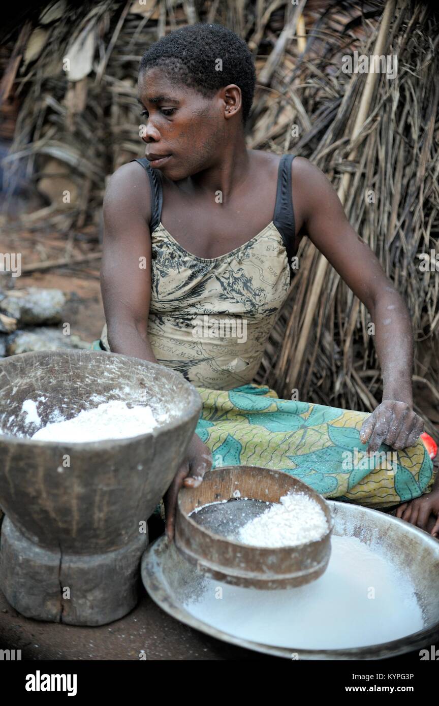 Africa. Jungle of the Central-African Republic. Baka woman cooks food ...