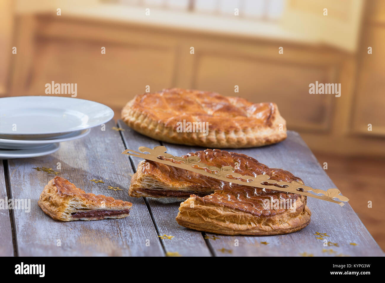 Galette des Rois cake . Traditional French Epiphany cake with almond on ...