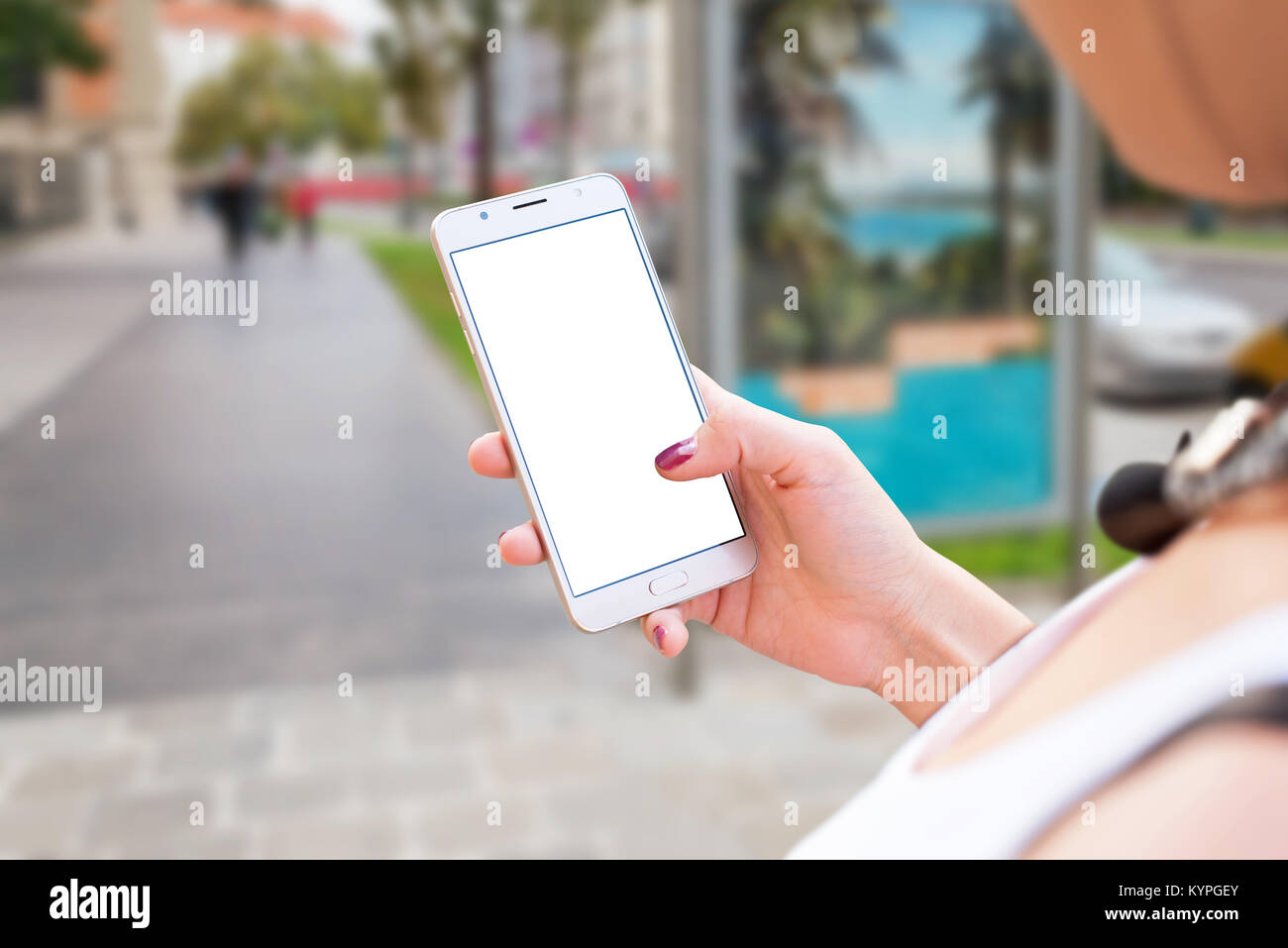 Woman use mobile phone on city streets. Isolated screen for mockup, app ...