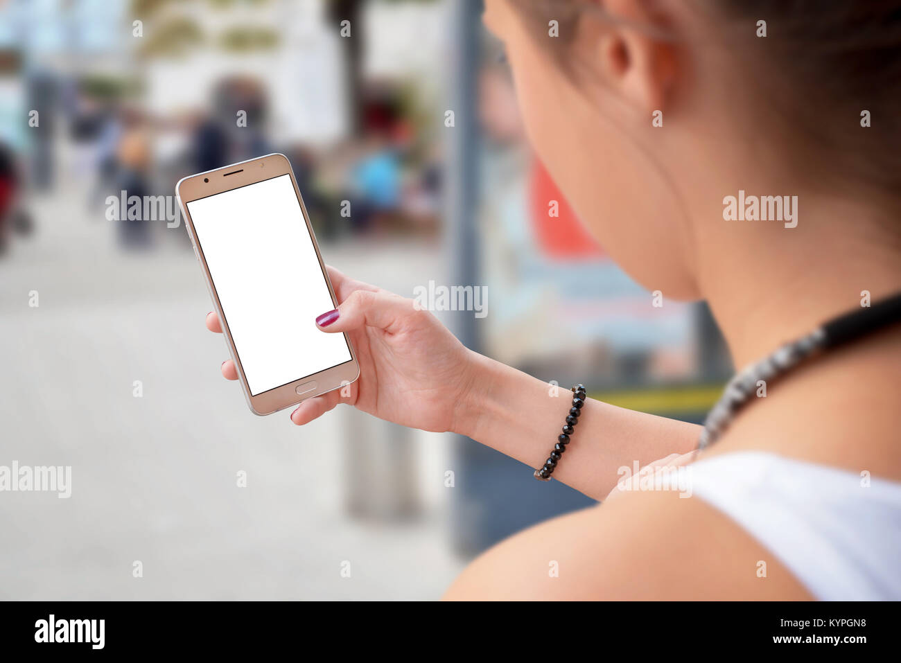 Woman use mobile phone on city street. Isolated screen for mockup ...