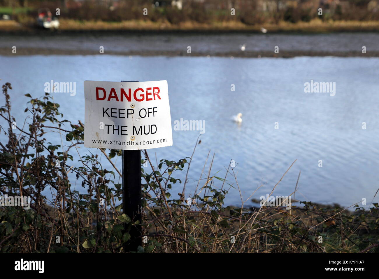 Sign on an overgrown river bank saying "Danger Keep Off the Mud Stock ...